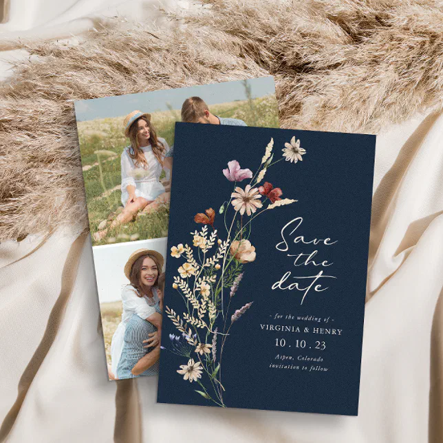 Navy Photo Boho Save The Date Flat Card | Zazzle