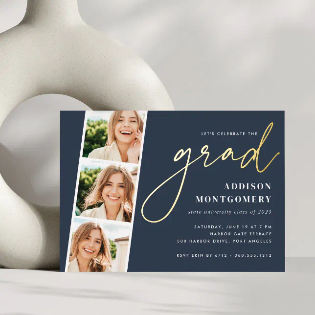 Navy | Photo Strip Graduation Party Gold Foil Invitation | Zazzle