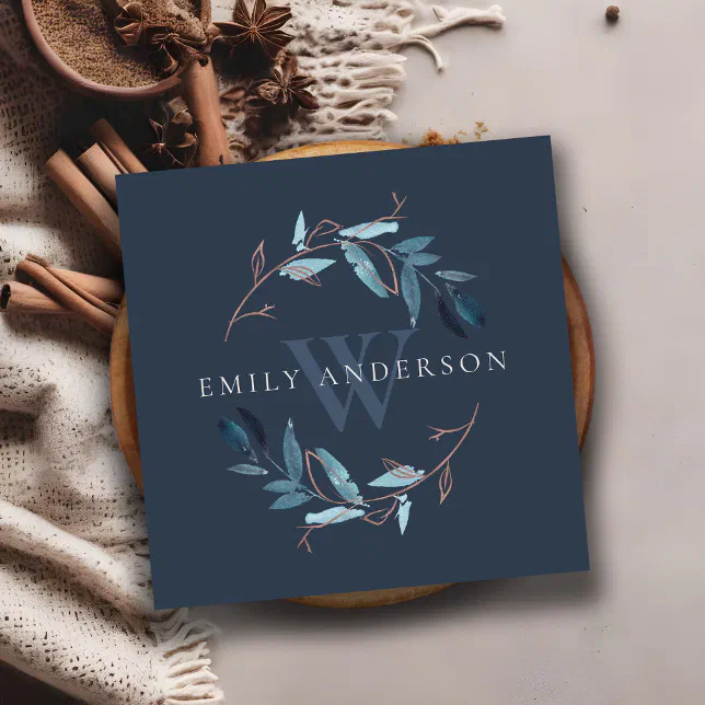 NAVY PINK BLUE FOLIAGE INITIAL WREATH PROFESSIONAL SQUARE BUSINESS CARD ...