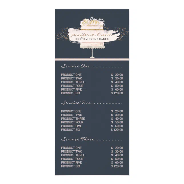 Navy Pink Cake Bakery Floral Pastry Price Rack Card | Zazzle