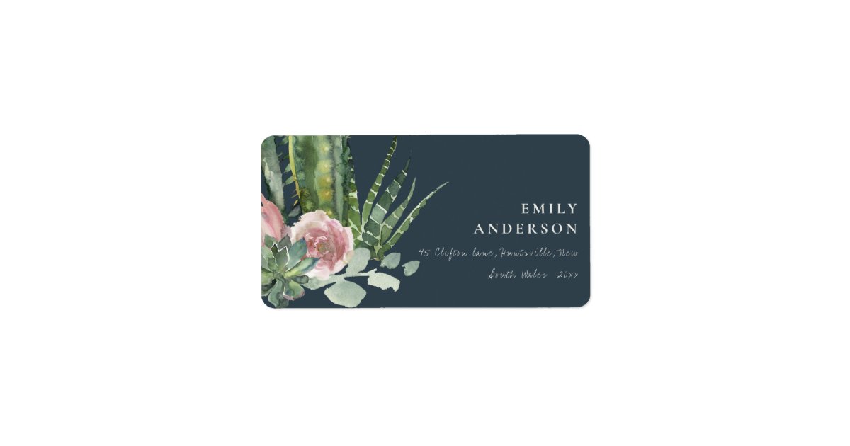 NAVY PINK FLORAL CACTI FOLIAGE WATERCOLOR ADDRESS LABEL | Zazzle