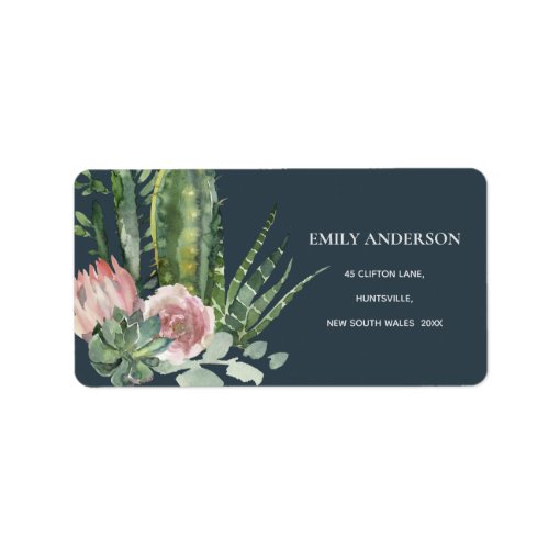 NAVY PINK FLORAL CACTI FOLIAGE WATERCOLOR ADDRESS LABEL | Zazzle