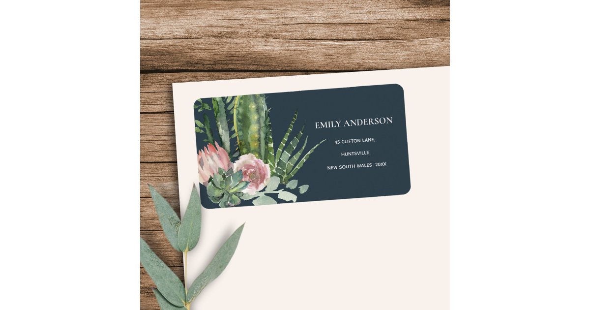 NAVY PINK FLORAL CACTI FOLIAGE WATERCOLOR ADDRESS LABEL | Zazzle