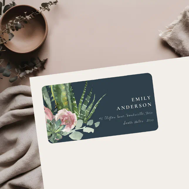 NAVY PINK FLORAL CACTI FOLIAGE WATERCOLOR ADDRESS LABEL | Zazzle