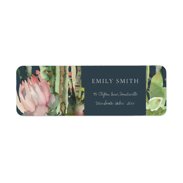 NAVY PINK FLORAL CACTI FOLIAGE WATERCOLOR ADDRESS LABEL | Zazzle