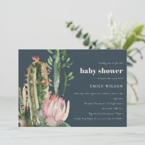 NAVY PINK FLORAL DESERT CACTI FOLIAGE BABY SHOWER INVITATION | Zazzle