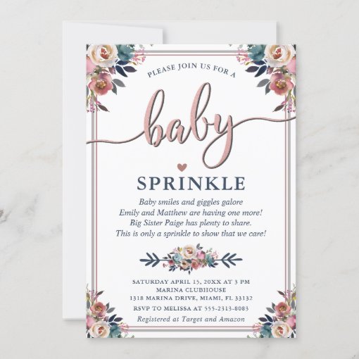 Navy Pink Floral Gender Neutral Baby Sprinkle Poem Invitation | Zazzle