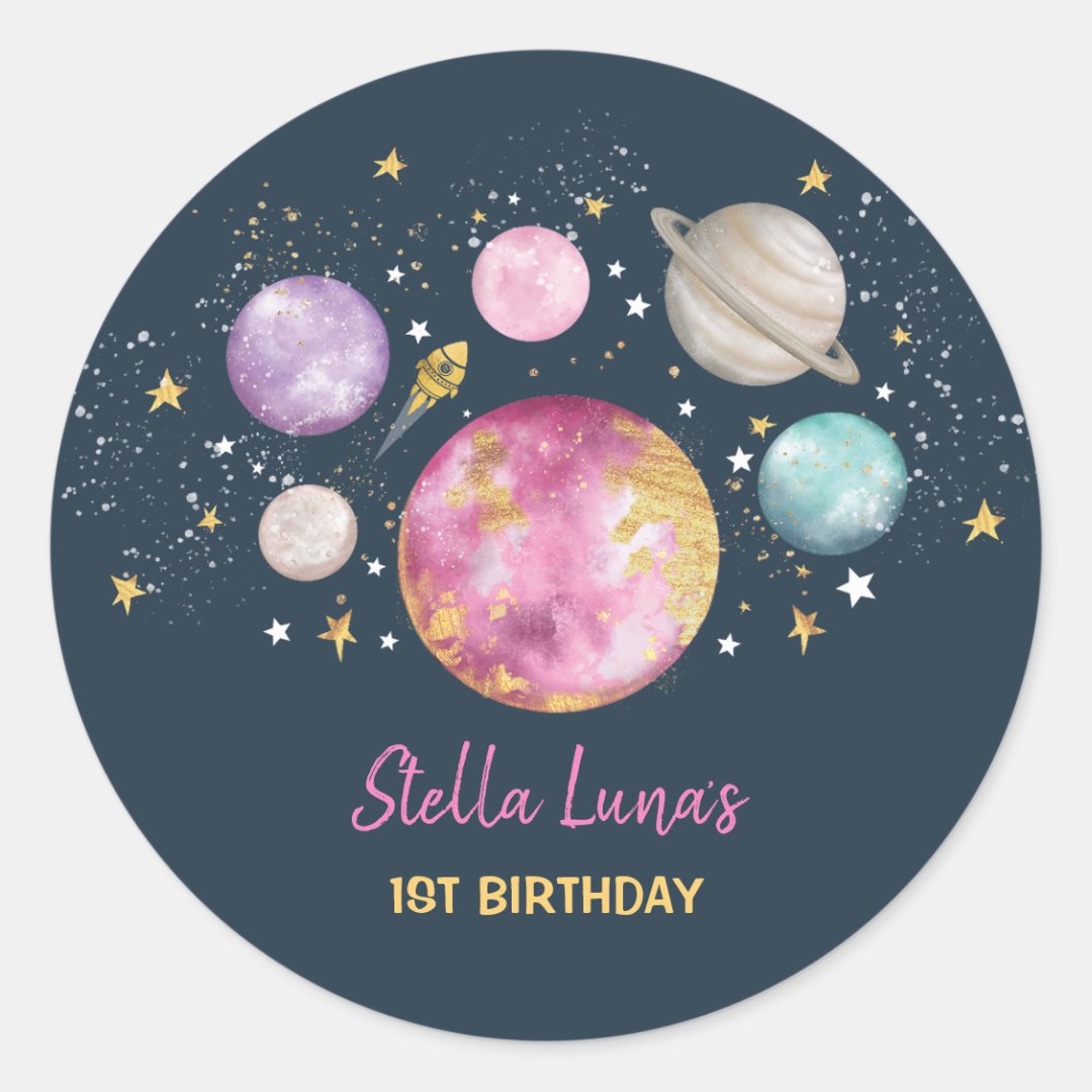 Navy Pink Gold Outer Space Girls Birthday Party Classic Round Sticker ...