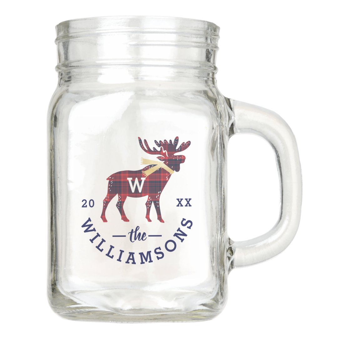 Navy & Red Buffalo Plaid Moose Monogram Christmas Mason Jar | Zazzle