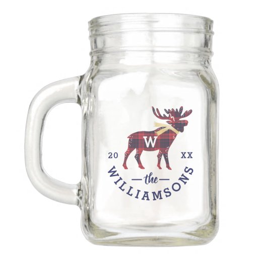Navy & Red Buffalo Plaid Moose Monogram Christmas Mason Jar | Zazzle
