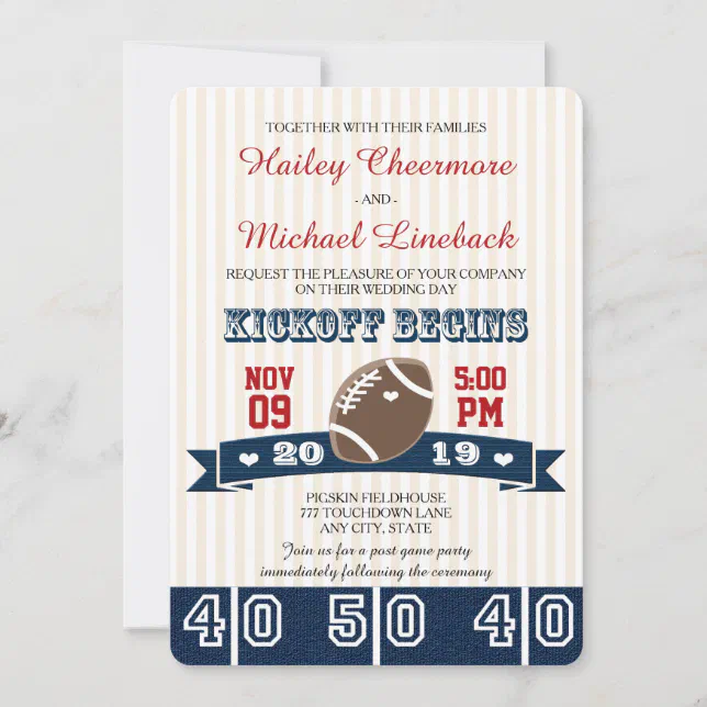 Navy Red FOOTBALL WEDDING Invitation | Zazzle