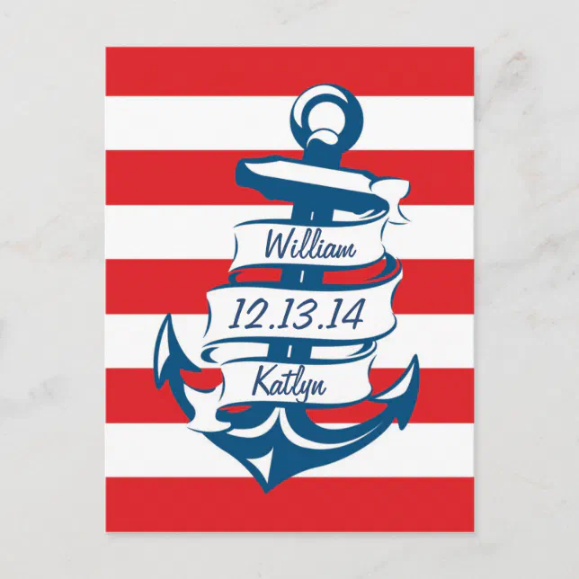 Navy/Red Nautical Theme Save the Date Postcard | Zazzle