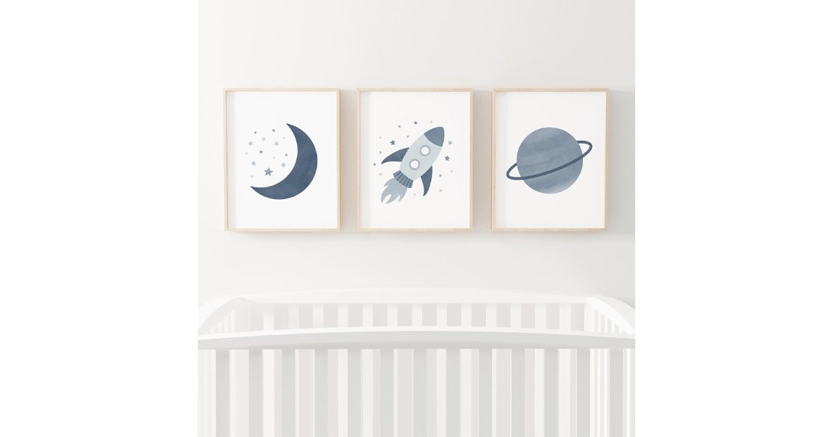 Navy Rocket Ship Moon Planet Outer Space Kids Room Wall Art Sets | Zazzle