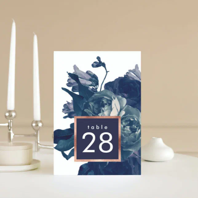 Navy Rose Gold Bouquet Wedding Table Numbers | Zazzle