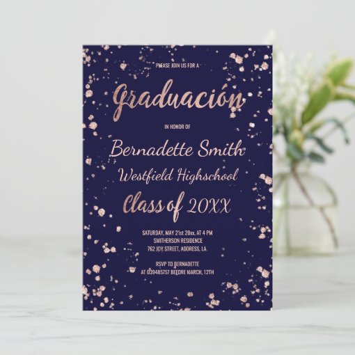 Navy rose gold confetti graduation spanish invitation | Zazzle