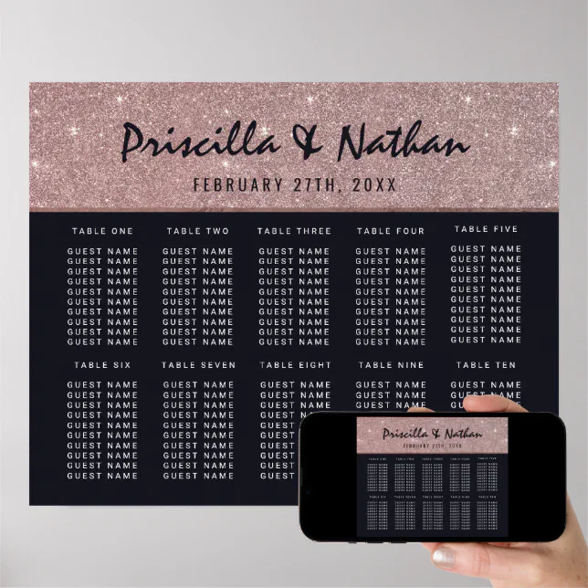 Navy Rose Gold Glitter Color Block Seating Chart | Zazzle
