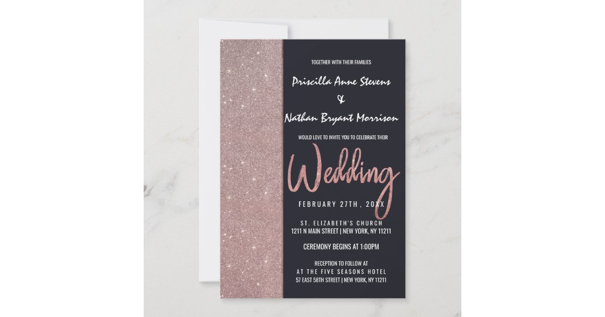 Navy Rose Gold Glitter Color Block Wedding Invitation | Zazzle