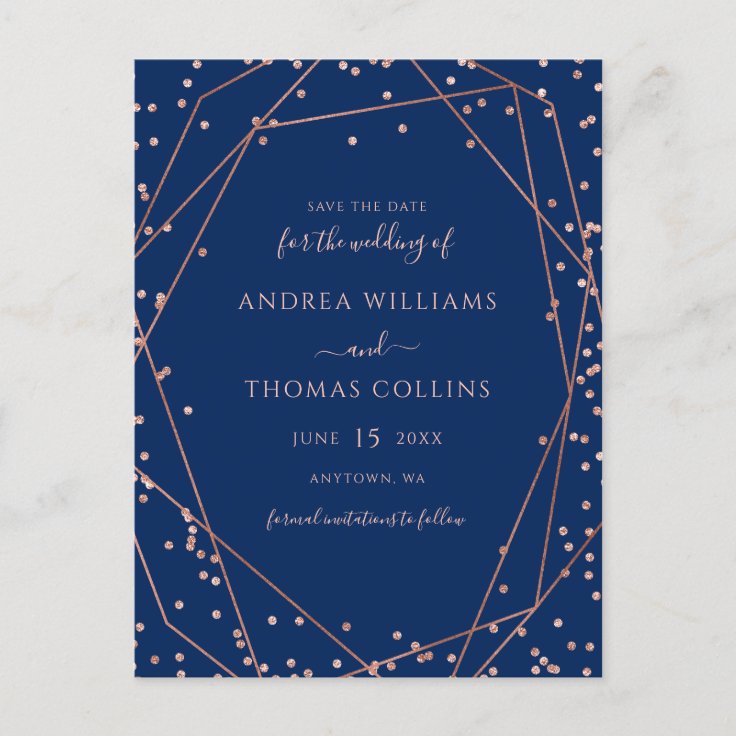 Navy Rose Gold Glitter Geometric Save the Date Announcement Postcard ...