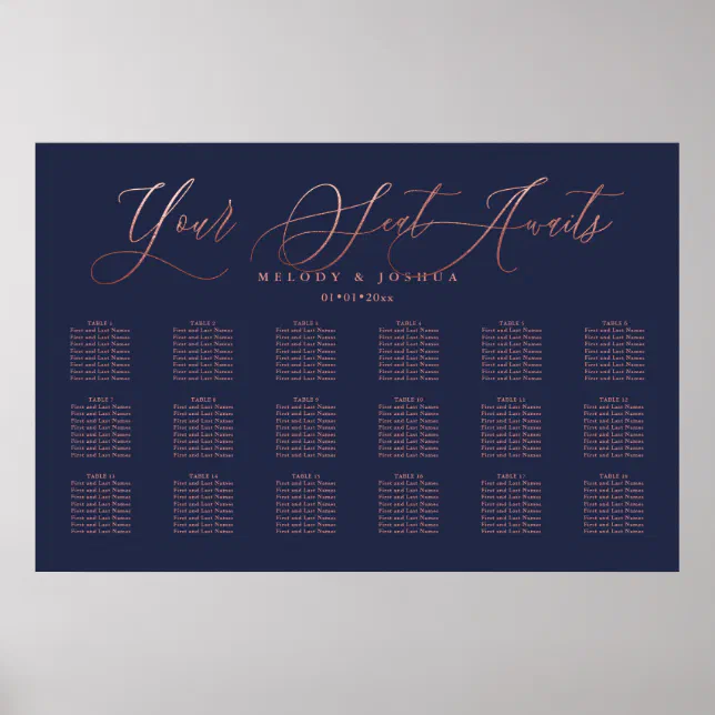 Navy+Rose Gold Modern Calligraphy Seating Chart | Zazzle