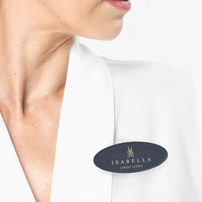 Navy & Rose Gold Scissors Logo | Salon Employee Name Tag | Zazzle