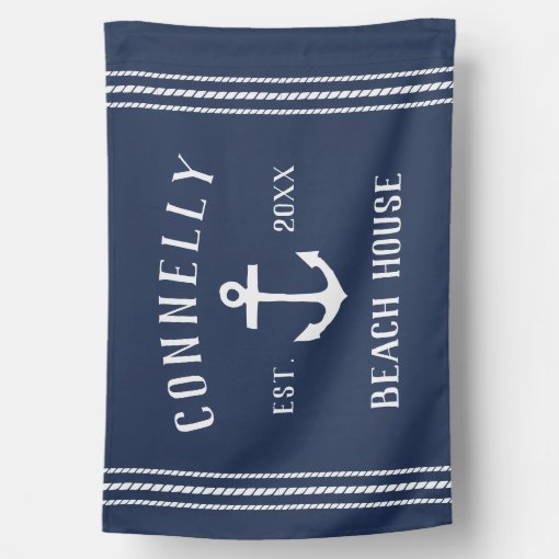 Navy | Rustic Anchor Personalized Beach House House Flag | Zazzle