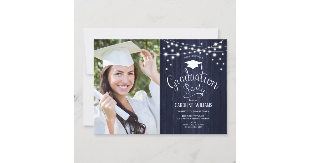 Navy Rustic Graduation Party With Photo Invitation | Zazzle