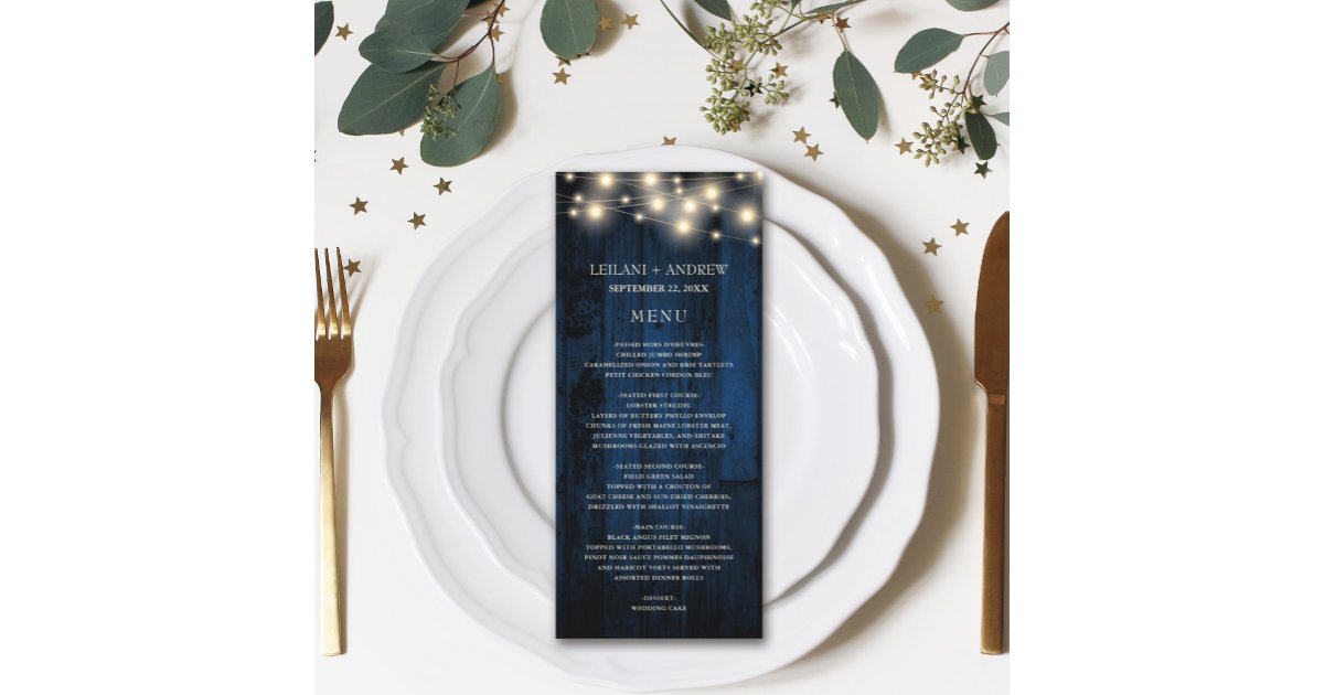 Navy Rustic Wood String Lights Wedding Menu | Zazzle