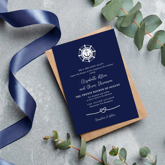 Navy Ship's Wheel & Anchor Rope Heart Nautical Invitation | Zazzle