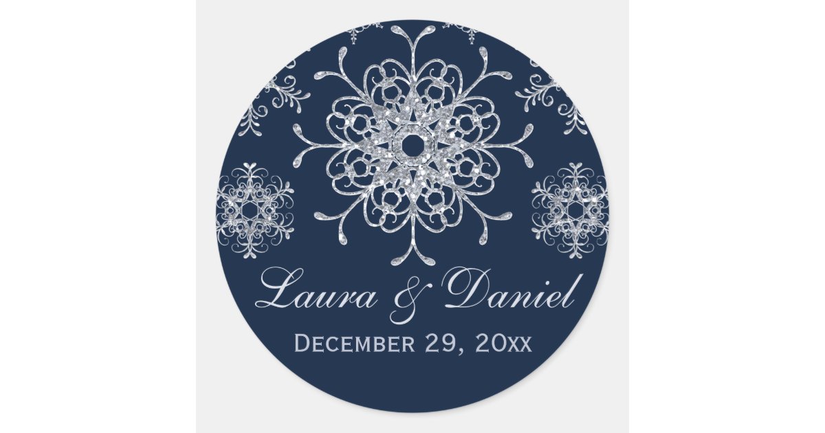 Navy Silver Glitter LOOK Snowflake Wedding Sticker | Zazzle