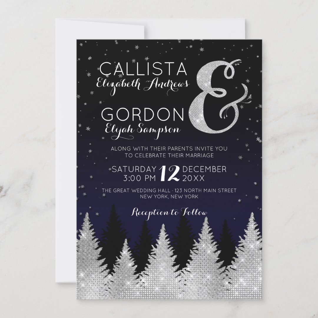 Navy Silver Glitter Tree Winter Wonderland Wedding Invitation | Zazzle