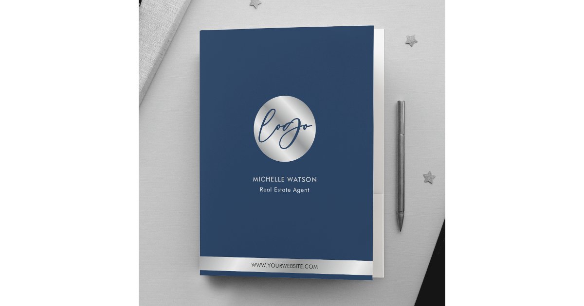 Navy & Silver Logo Corporate Business Promotional Pocket Folder | Zazzle