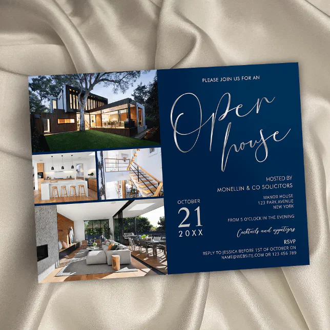 Navy & Silver Modern Real Estate Open House Photos Invitation | Zazzle