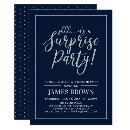 Navy & Silver | Modern Surprise Retirement Party Invitation | Zazzle.com