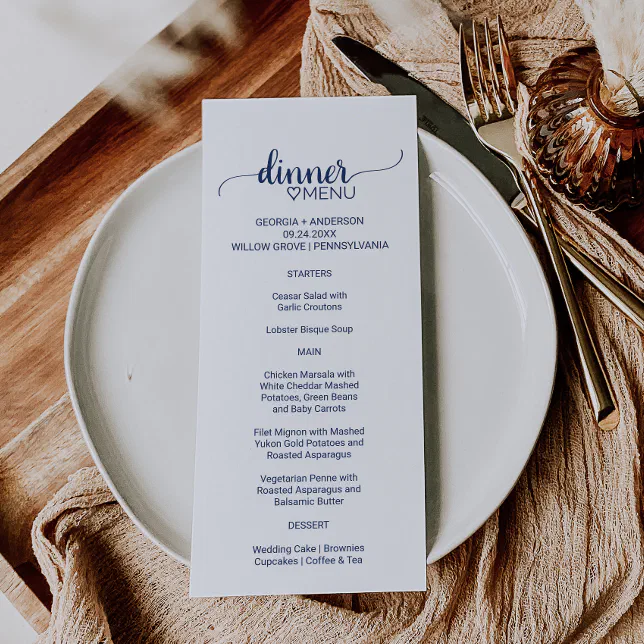 Navy Simple Calligraphy Wedding Dinner Menu Card | Zazzle