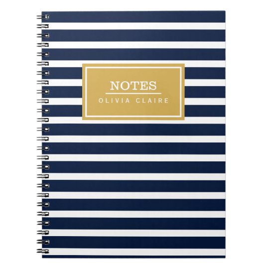 Navy Stripe Pattern Gold Name Template Notebook | Zazzle.com