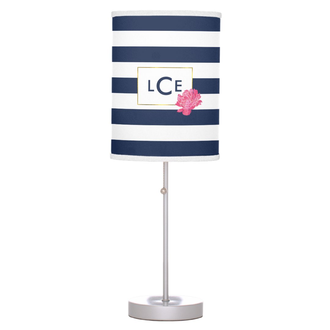 Navy Stripe & Pink Peony Monogram Lamp | Zazzle