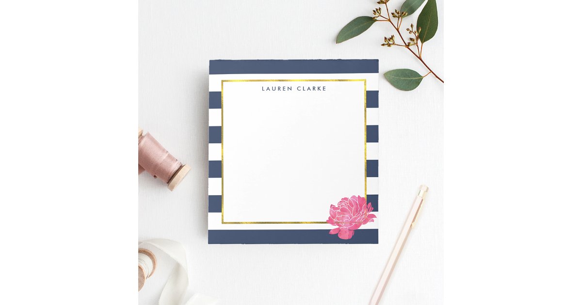 Navy Stripe & Pink Peony Personalized Notepad | Zazzle