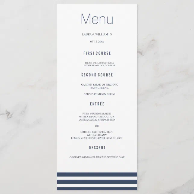Navy Striped Wedding Dinner Menu Cards | Zazzle