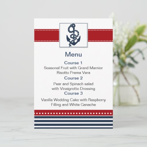 navy stripes, anchor, nautical menu cards | Zazzle