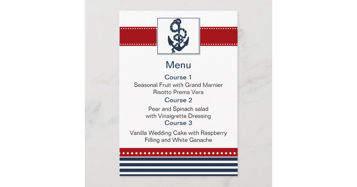 navy stripes, anchor, nautical menu cards | Zazzle