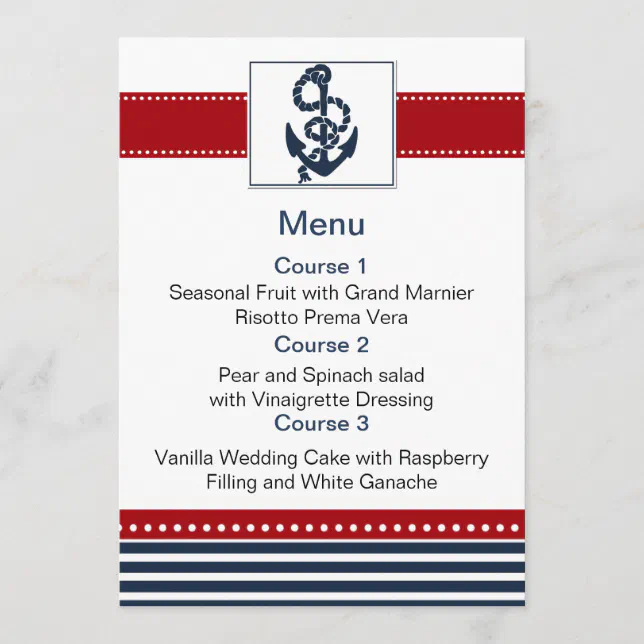 navy stripes, anchor, nautical menu cards | Zazzle