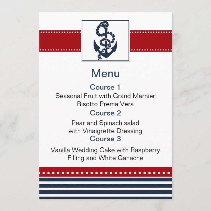 navy stripes, anchor, nautical menu cards | Zazzle