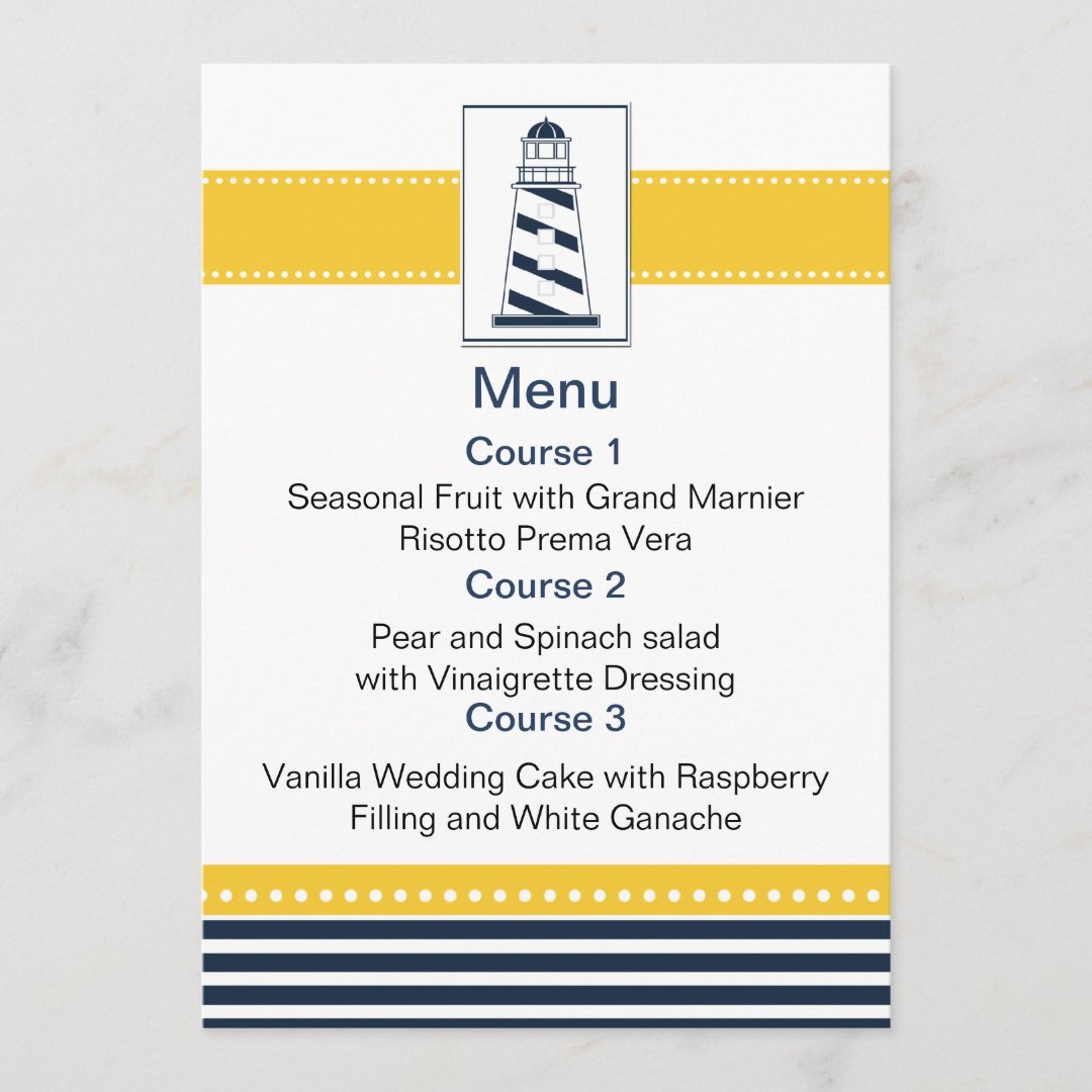 navy stripes,lighthouse, nautical menu cards | Zazzle