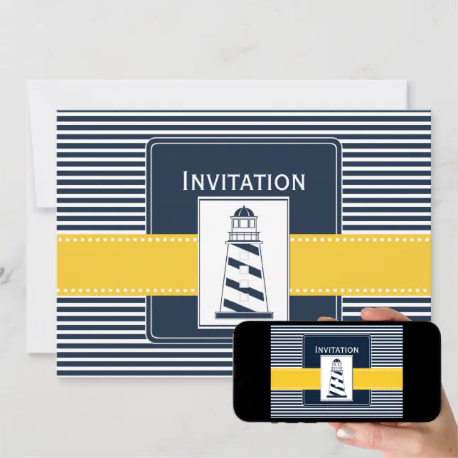 navy stripes, lighthouse, nautical wedding invites | Zazzle