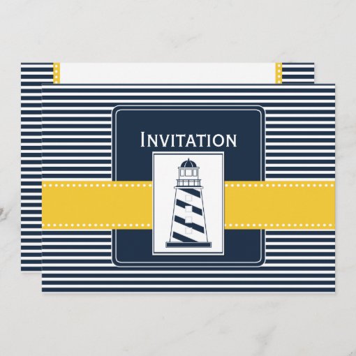 navy stripes, lighthouse, nautical wedding invites | Zazzle