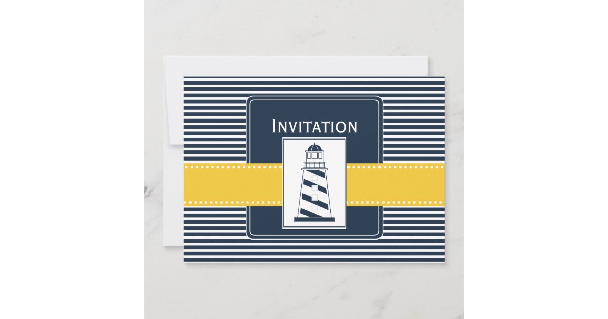 navy stripes, lighthouse, nautical wedding invites | Zazzle