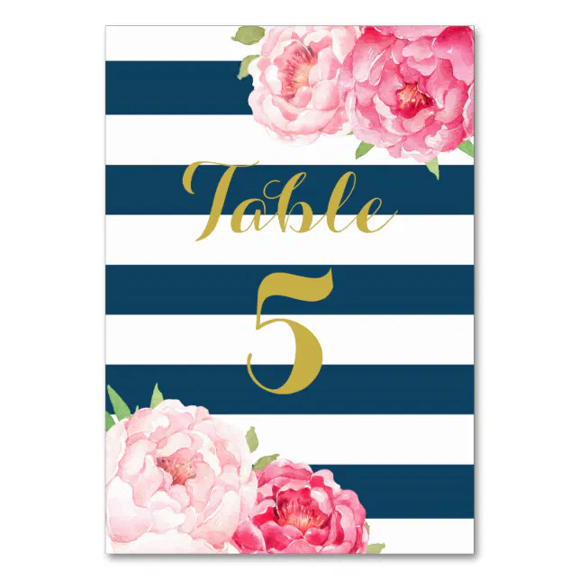 Navy Stripes Pink Floral Wedding Table Number Card | Zazzle