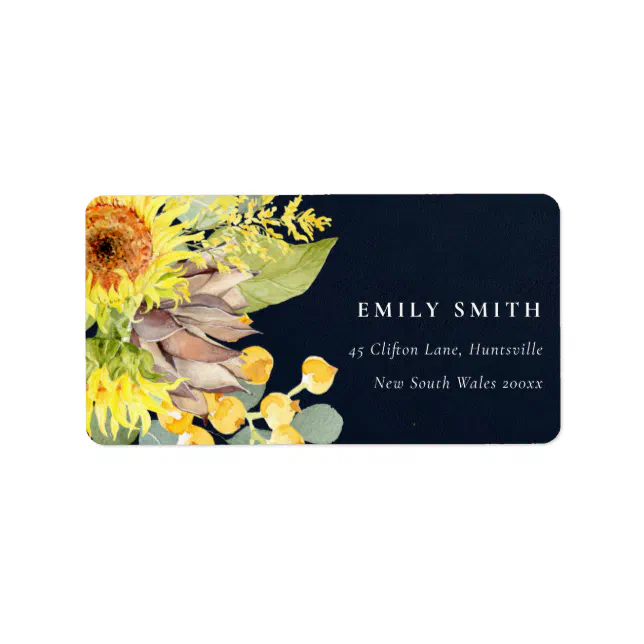 NAVY SUNFLOWER EUCALYPTUS PINE FLORAL ADDRESS LABEL | Zazzle