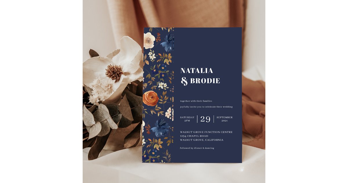 Navy Terracotta Boho Wedding Invitation | Zazzle