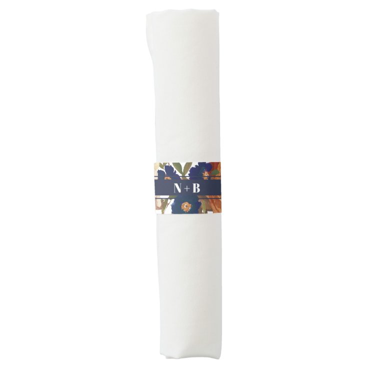 Navy Terracotta Floral Monogrammed Wedding Napkin Bands | Zazzle